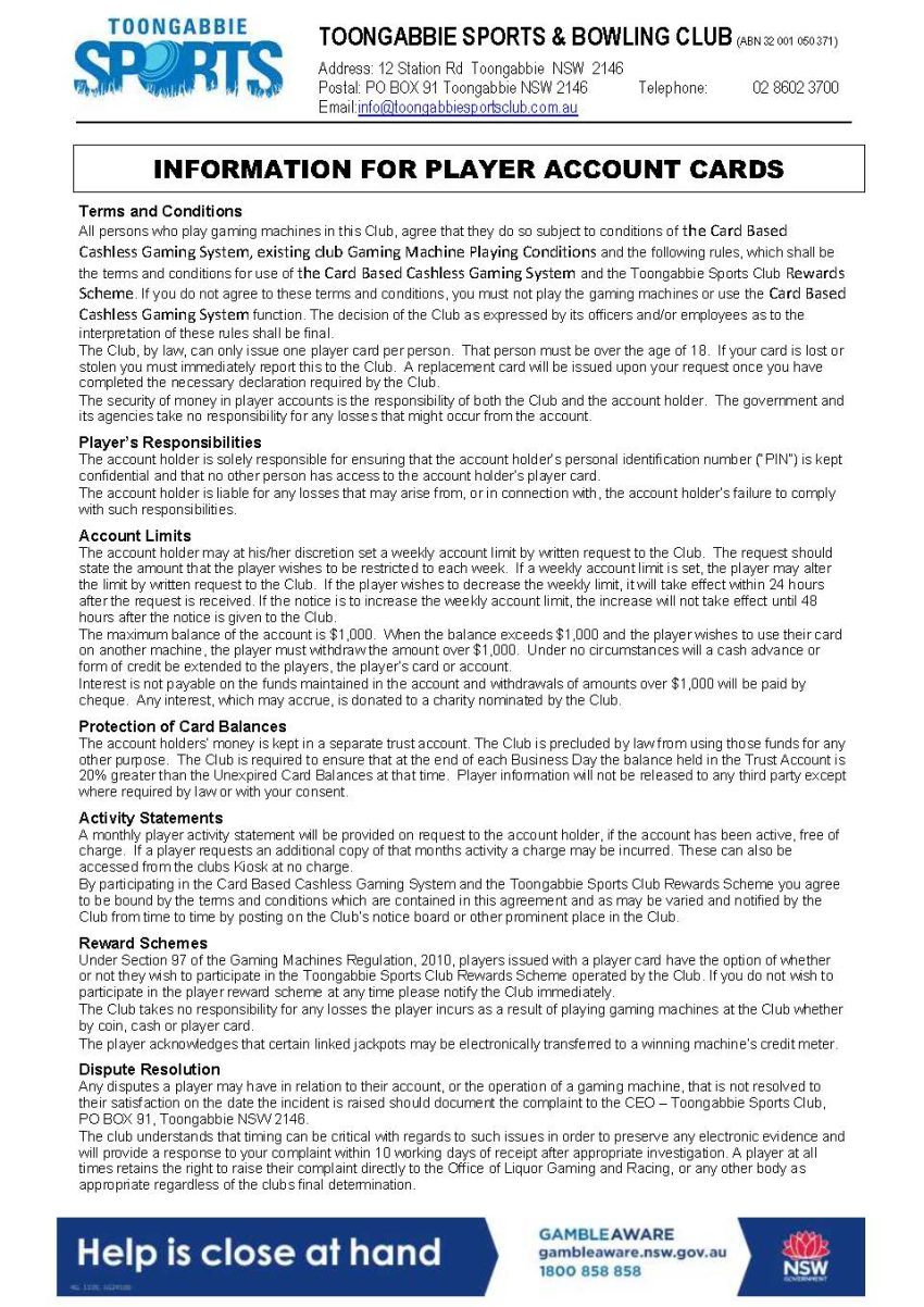 Members Information - Toongabbie Sports Club